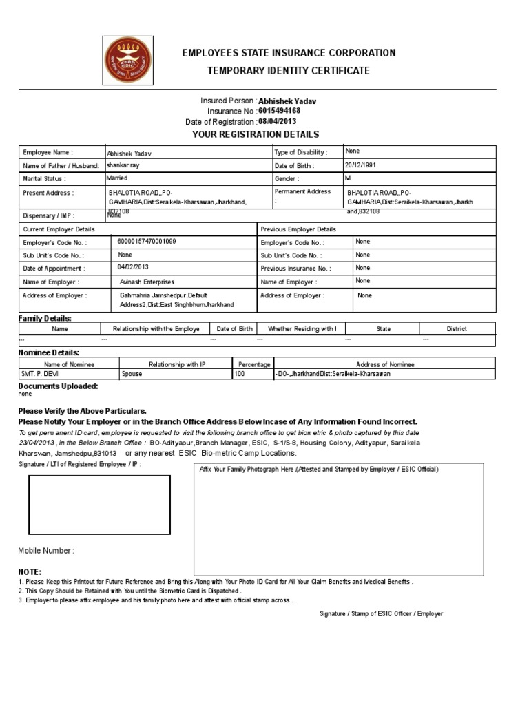 Employees State Insurance Corporation Temporary Identity Certificate ...