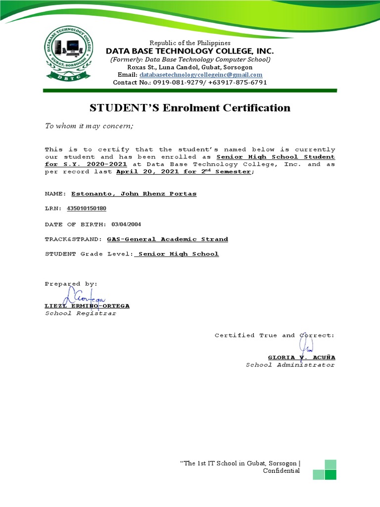 DSWD Certification Enrolment Form | PDF