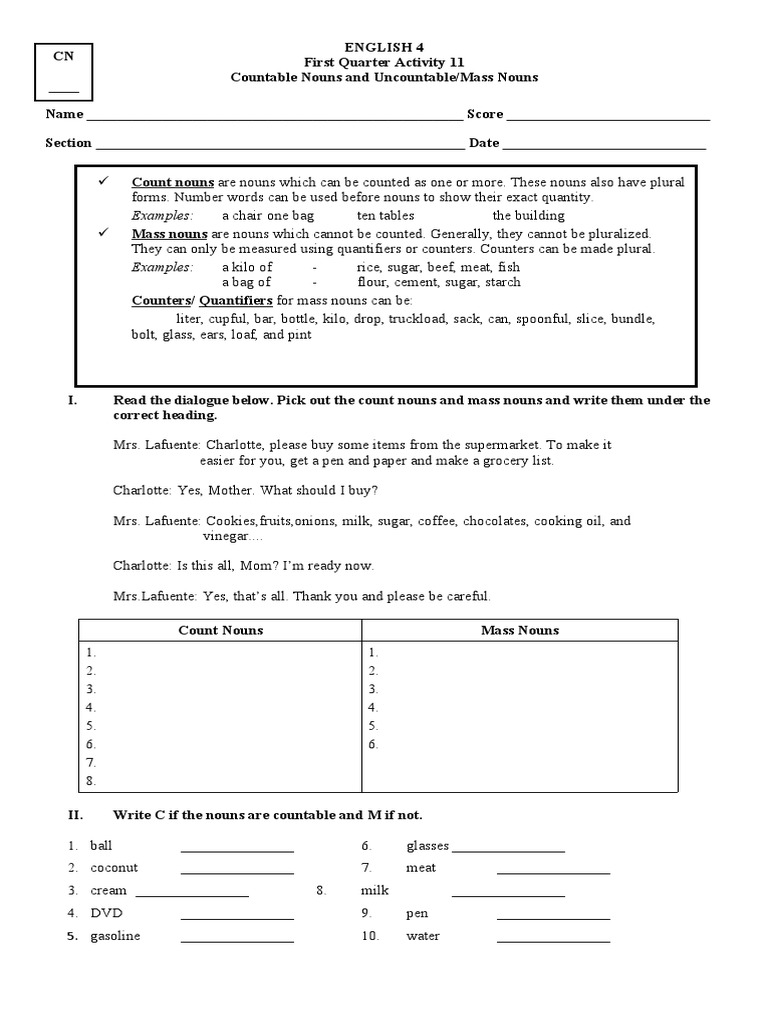 Count and Mass Nouns Worksheet Grade 4 | PDF | Noun | Linguistic Morphology