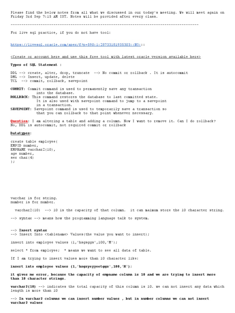 Class01 DDL DML TCL | PDF | String (Computer Science) | Data Type