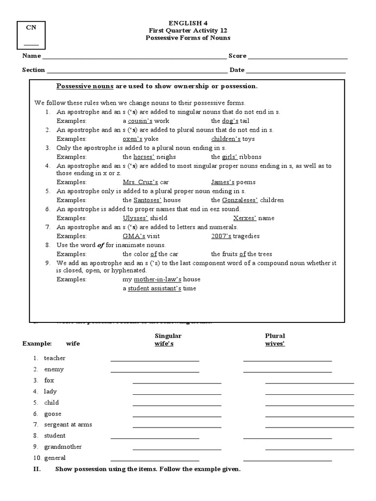 ENGLISH 4 Activity 12 Possessive Forms of Nouns | PDF | Plural ...