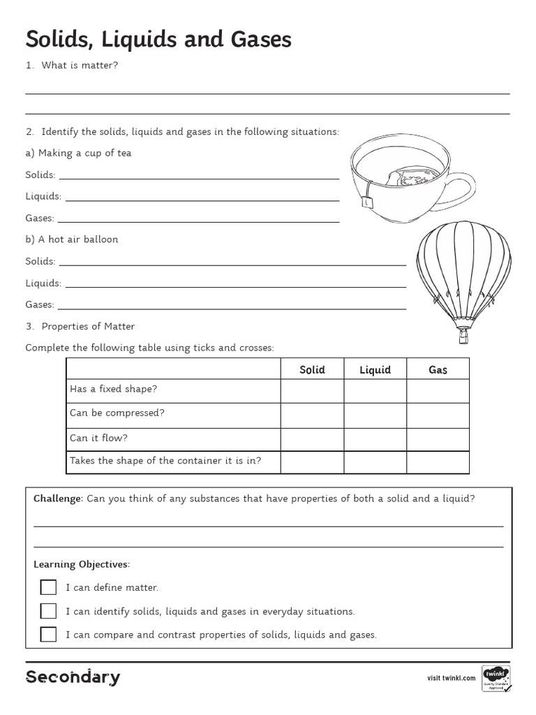 Properties Of Solids Liquids And Gases Worksheet Matter Solids,