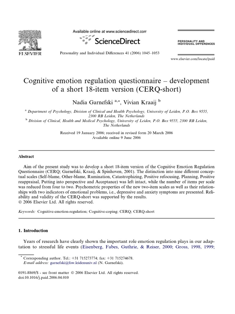 Cognitive Emotion Regulation Questionnaire - Development of A Short 18 ...