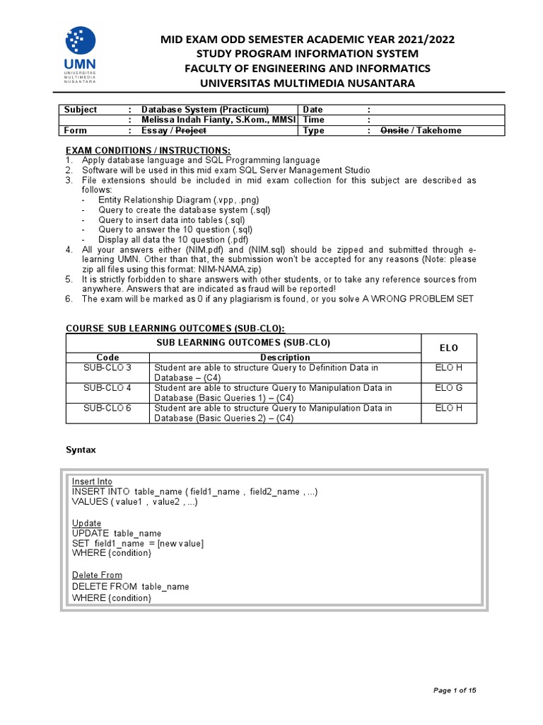 MID EXAM ODD SEMESTER ACADEMIC YEAR 2021:2022-Database System Practicum ...