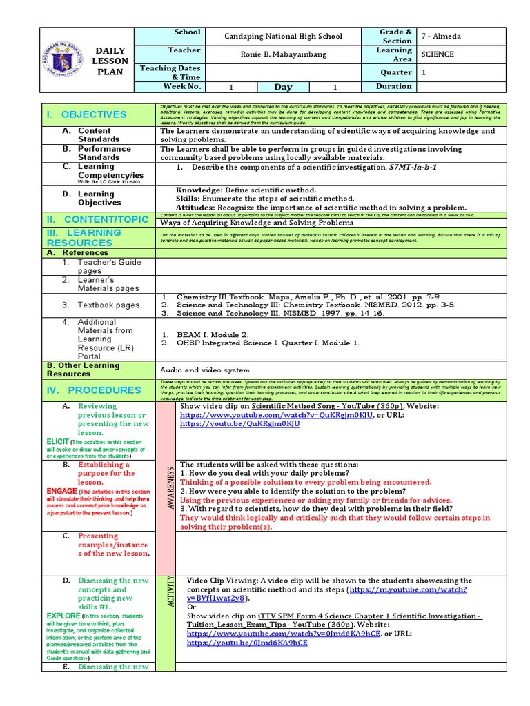 Daily Lesson Plan Day: I. Objectives | PDF | Learning | Scientific Method
