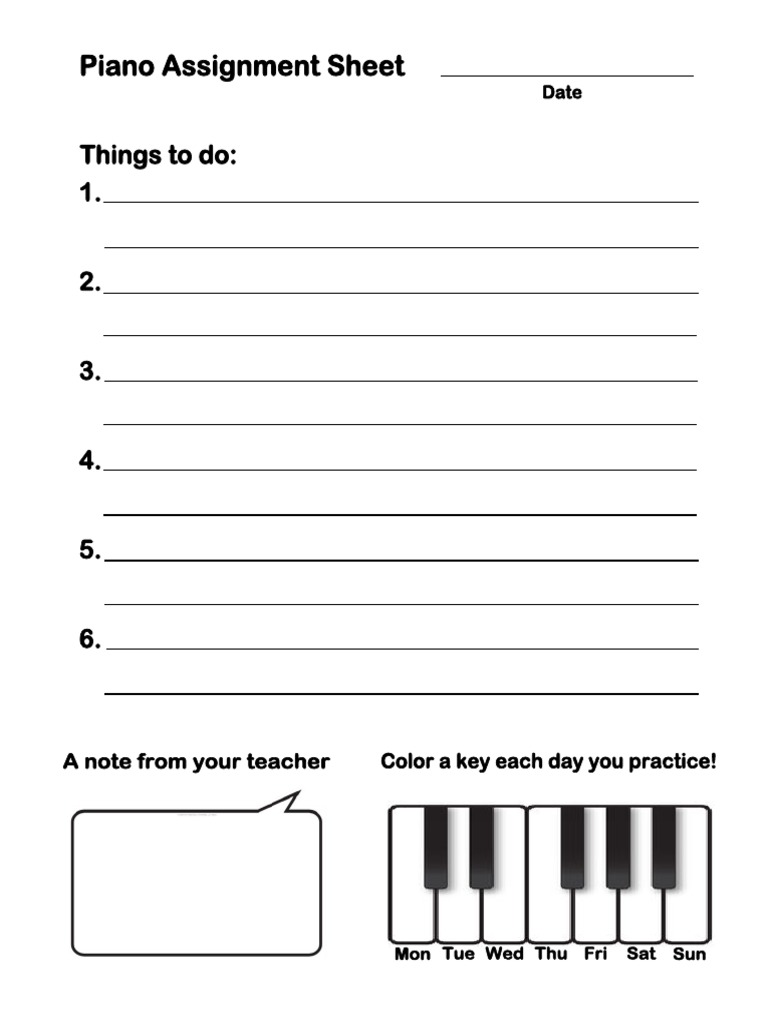 Piano Assignment Sheet: 1. 2. 3. 4. 5. 6. Things To Do | PDF