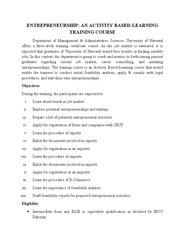 Entrepreneurship Training Course Overview | PDF | Entrepreneurship ...
