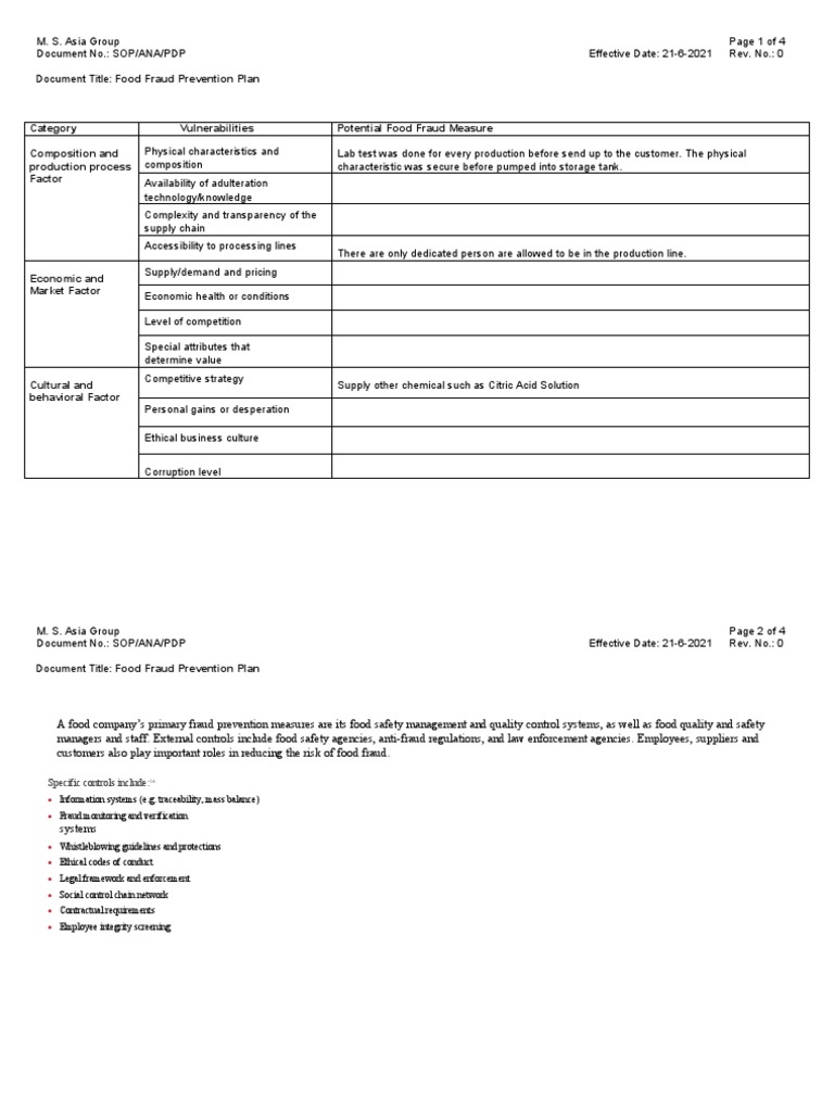 Food Fraud Prevention Plan | PDF | Supply Chain | Foods
