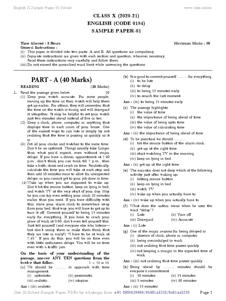 PART - A (40 Marks) : CLASS X (2020-21) English (Code 0184) Sample ...