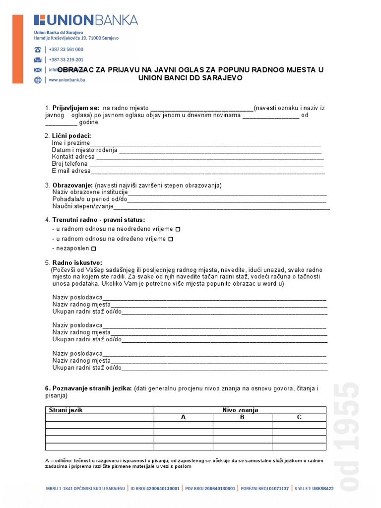 Obrazac Za Prijavu Na Javni Oglas | PDF