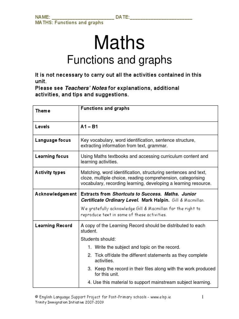 Maths Topic - Ordinary Level - Functions and Graphs | PDF | Function ...