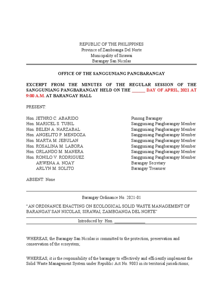 Barangay Ordinance No 2021-01, SAN NICOLAS Resolution | PDF | Municipal ...