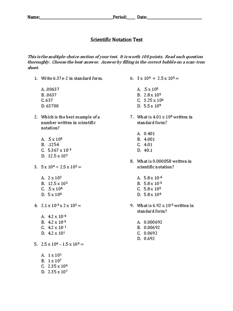 Scientific Notation Unit Test | PDF | Multiple Choice | Metre
