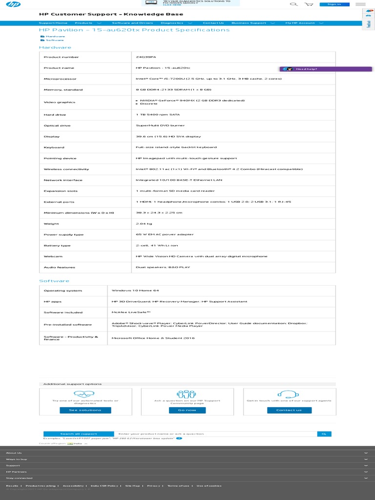 HP Pavilion - 15-Au620tx Product Specifications - HP® Customer Support ...