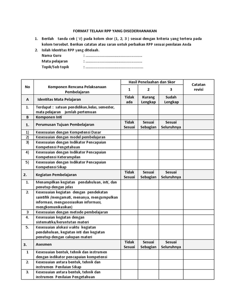 Format Telaah RPP Yg Disederhanakan | PDF