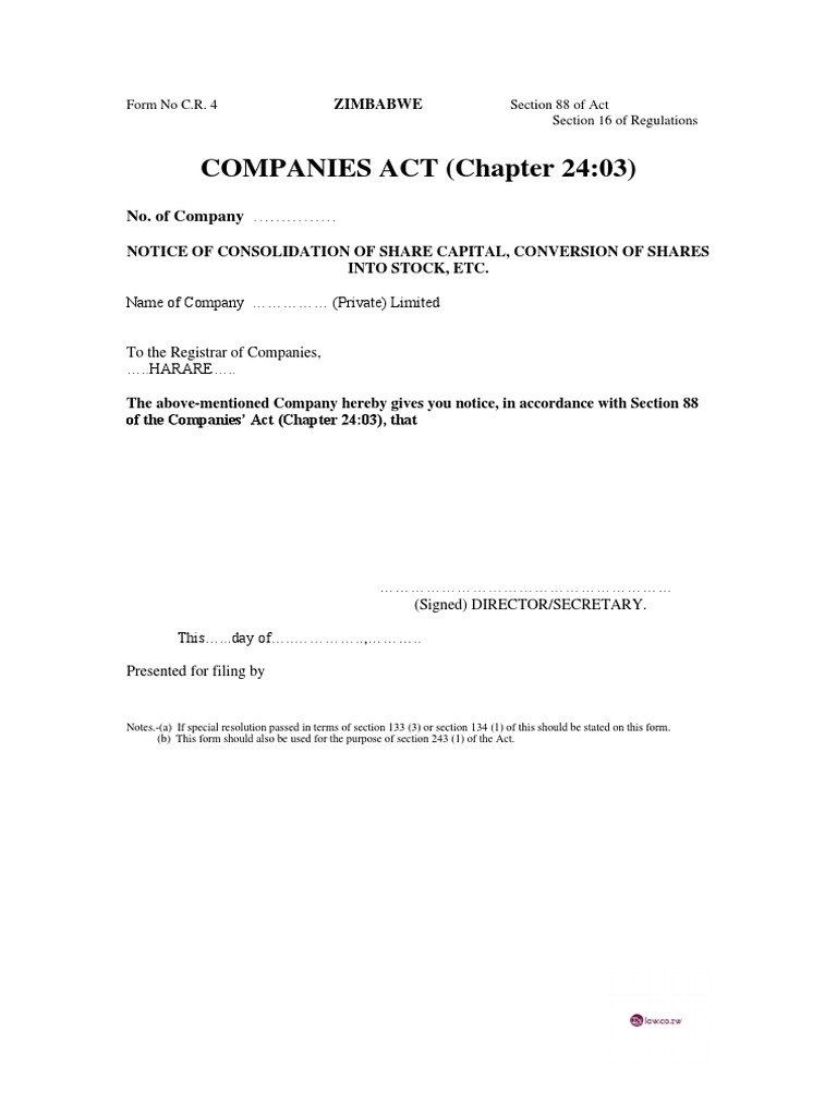 Form CR4 Zimbabwe | PDF | Finance & Money Management