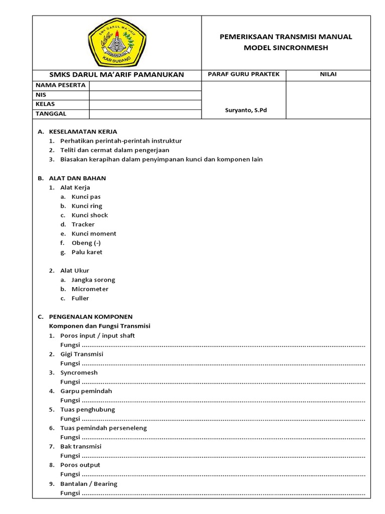 JobSheet Transmisi Manual | PDF