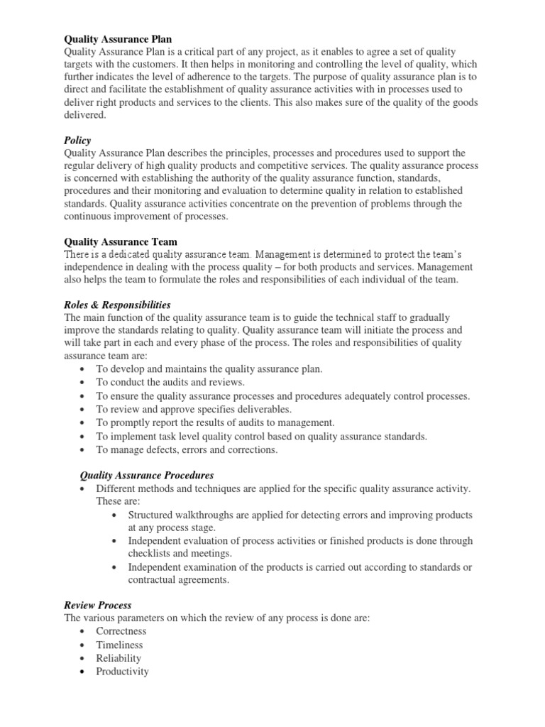 Quality Assurance Plan | PDF | Quality Assurance | Audit