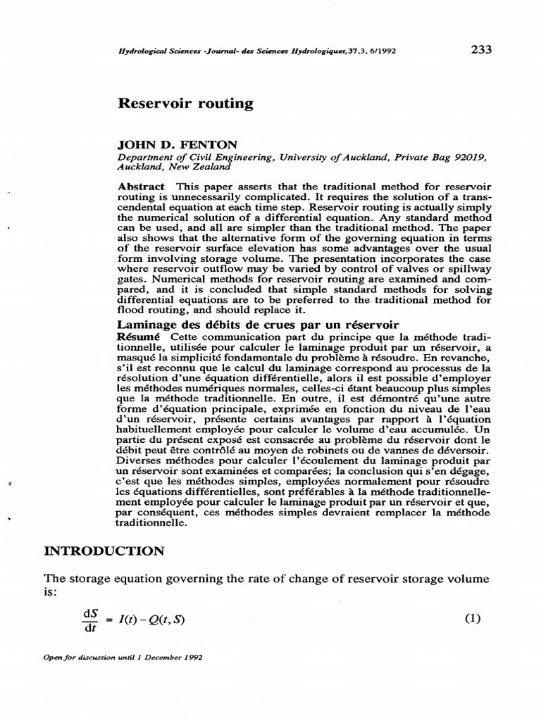 Fenton92 Reservoir Routing | PDF