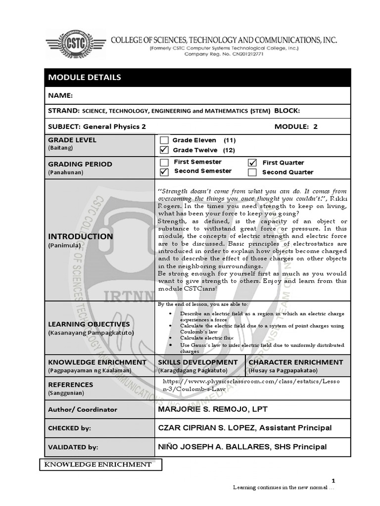 Module Details: Name: Strand: Block: SUBJECT: General Physics 2 Grade ...