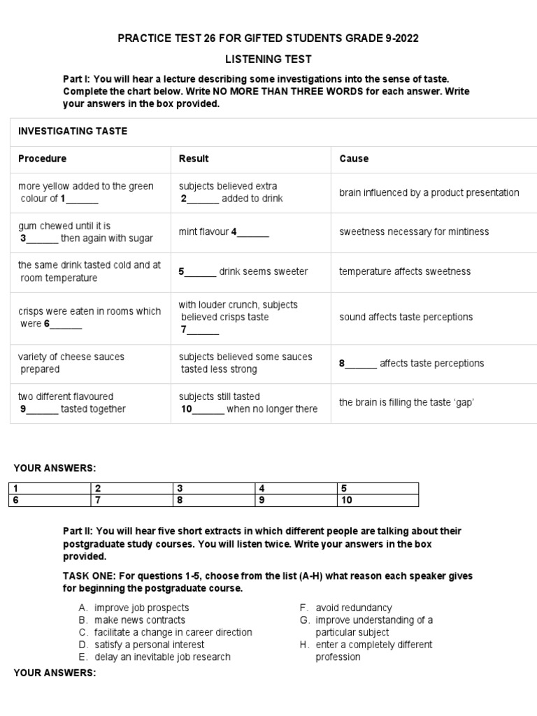 Practice Test 26 For Gifted Students Grade 9 | PDF | Taste | Perception