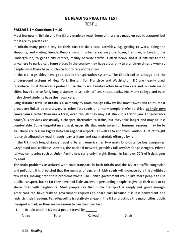 B1 Reading Practice Test Test 1: Passage 1 - Questions 1 - 10 | PDF ...