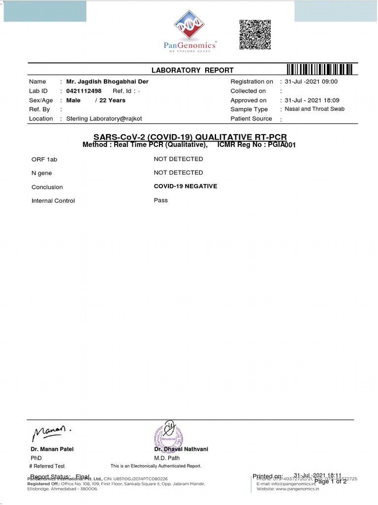 Sars-Cov-2 (Covid - 19 Qualitative RT-PCR) : Laboratory Report | PDF ...