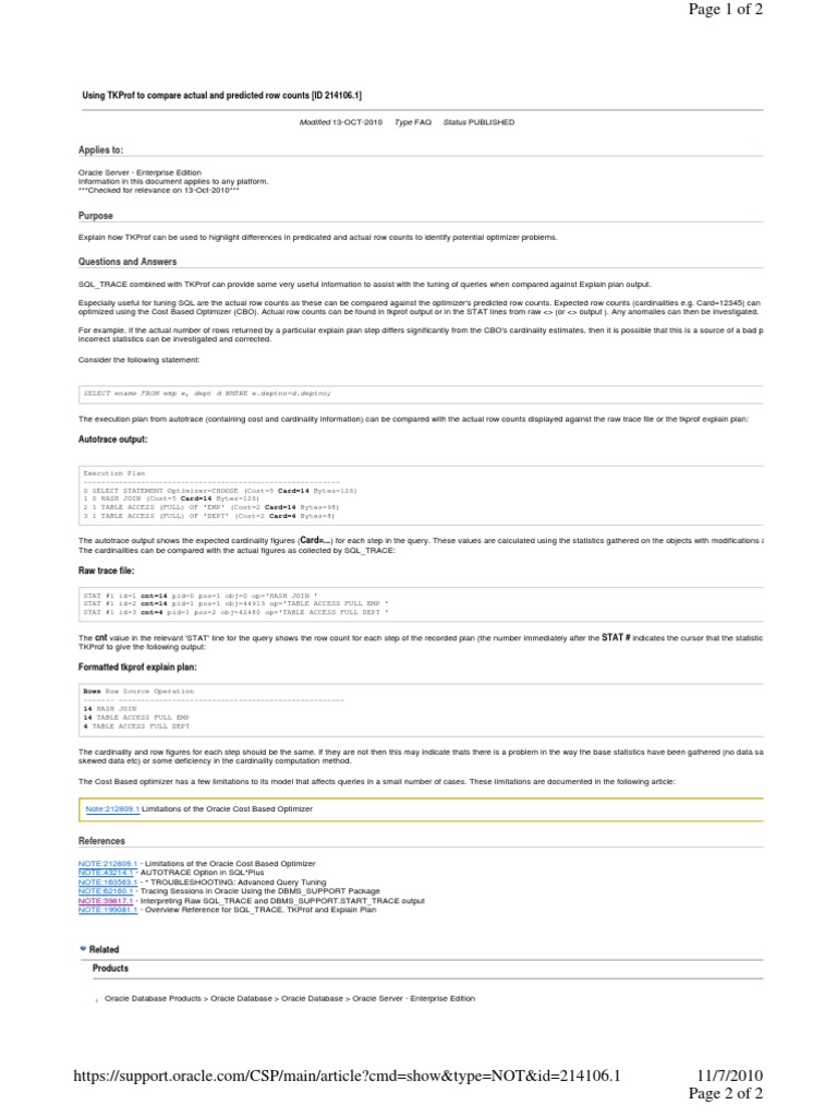 Using TKProf To Compare Actual and Predicted Row Counts | PDF | Oracle Database | Data ...