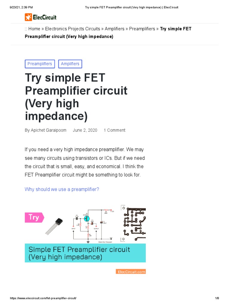 Try Simple FET Preamplifier Circuit (Very High Impedance) - ElecCircuit ...