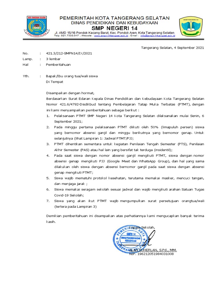 Surat Pemberitahuan PTMT SMPN 14 Tangsel | PDF