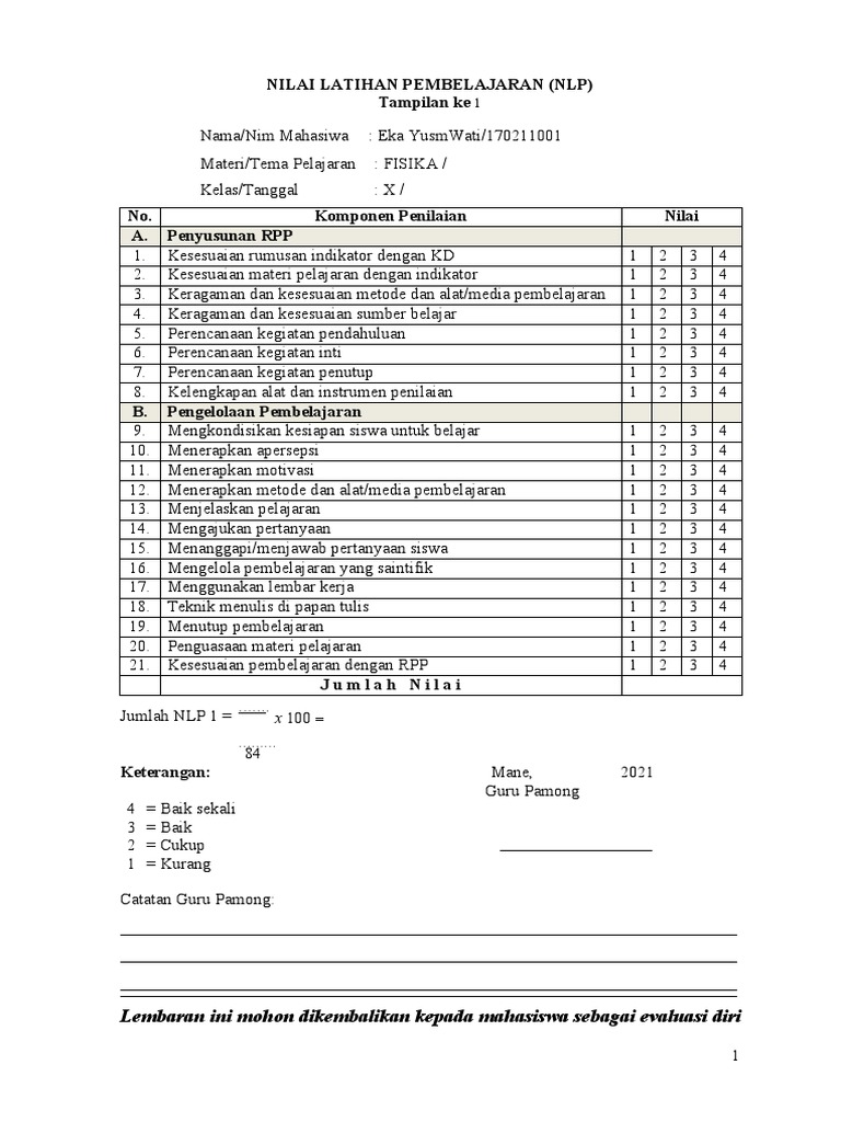 Instrumen Penilaian PPL PAI, PBA, PBI, PMA, PBL, PKM, PFS, PGMI, PTE, Dan PTI | PDF