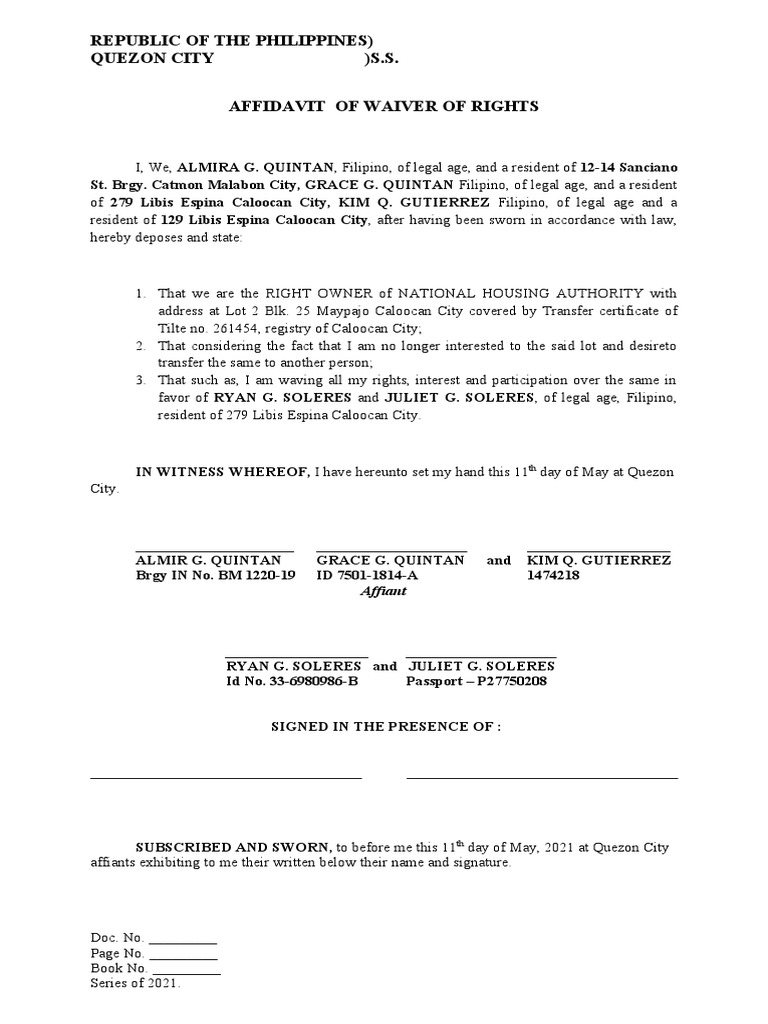 Affidavit of Waiver of Rights | Download Free PDF | Affidavit | Deed