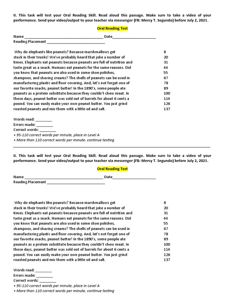 Oral Reading Test | PDF | Peanuts | Peanut Butter