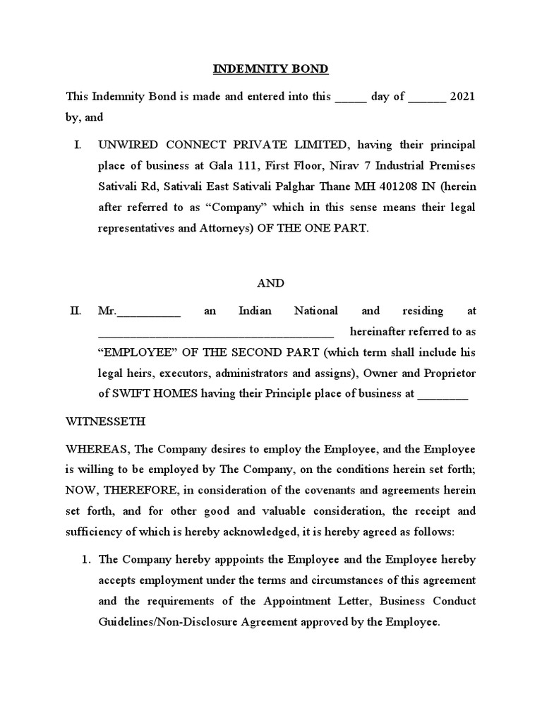 Indemnity Bond | PDF | Employment | Indemnity