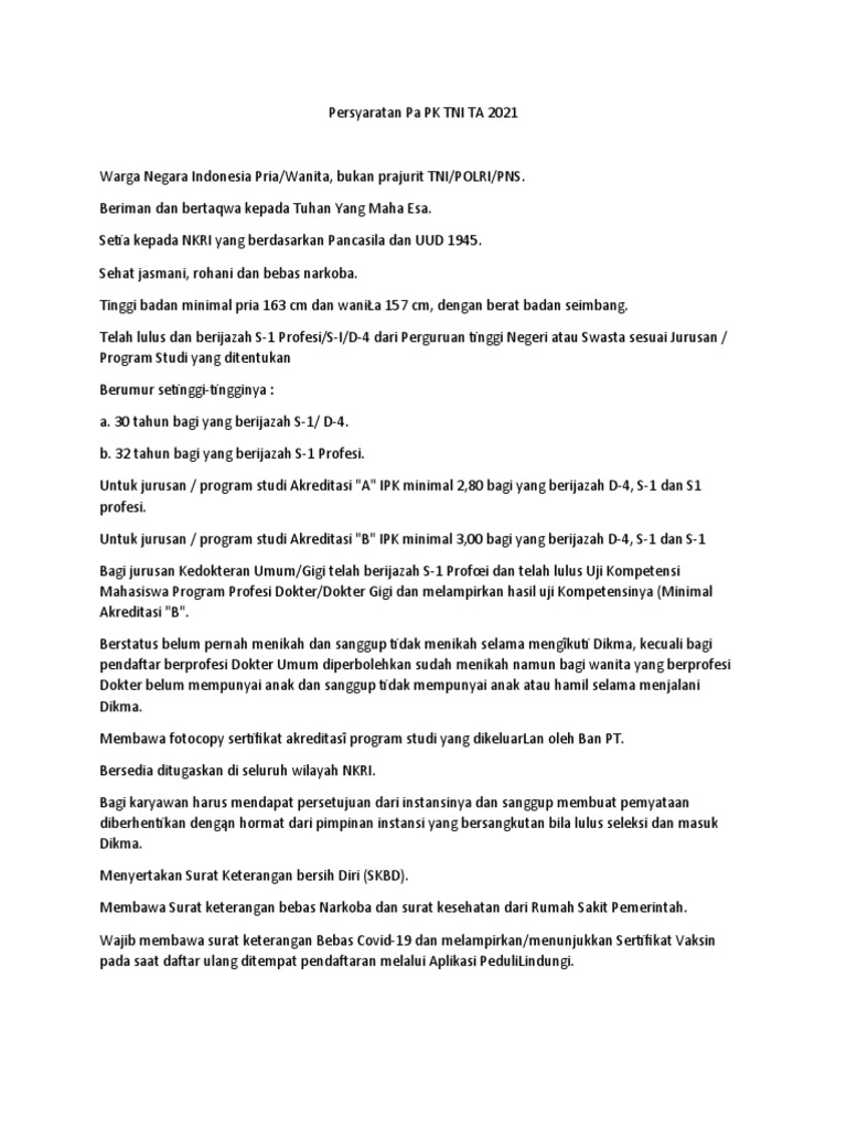 Persyaratan Pa PK TNI TA 2021 | PDF