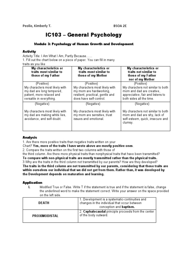 IC103 - General Psychology: Peolio, Kimberly T. Bsoa 2E | PDF | Developmental Psychology | Childhood