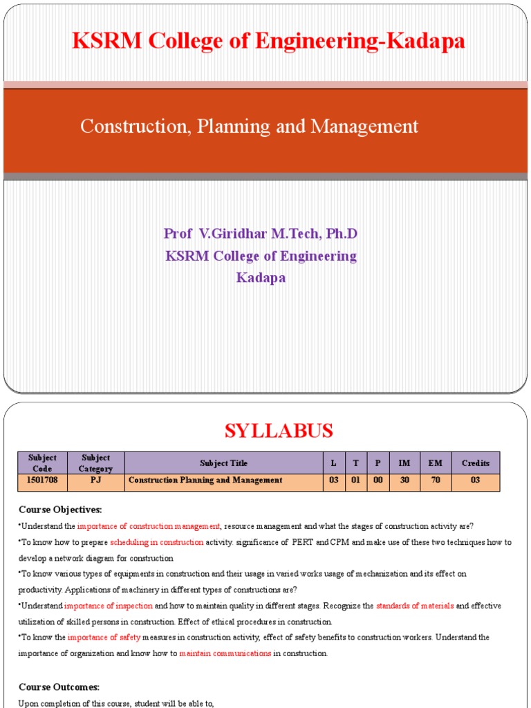 Construction Planning and Management at KSRM College of Engineering ...