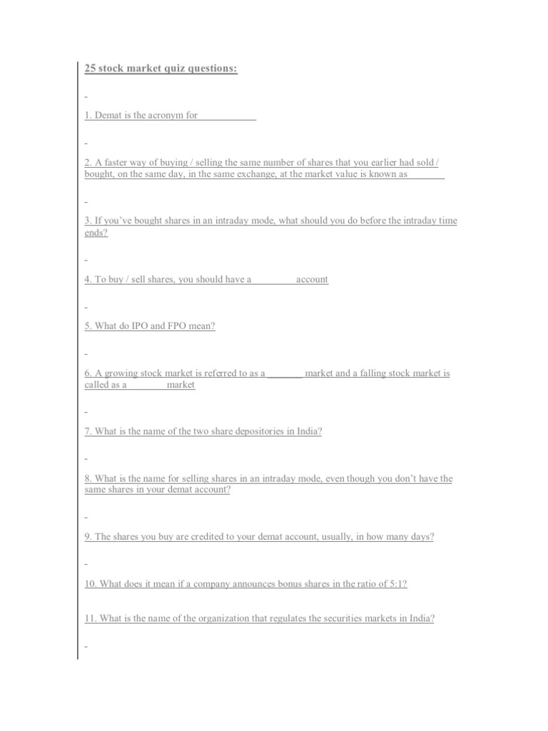 Stock Market Quiz Questions & Answers | PDF | Stock Market | Stocks
