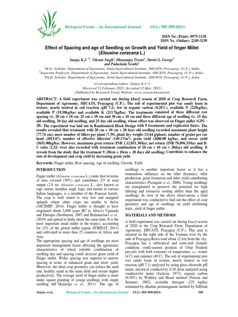 Optimal Spacing & Seedling Age for Finger Millet Yield | PDF ...