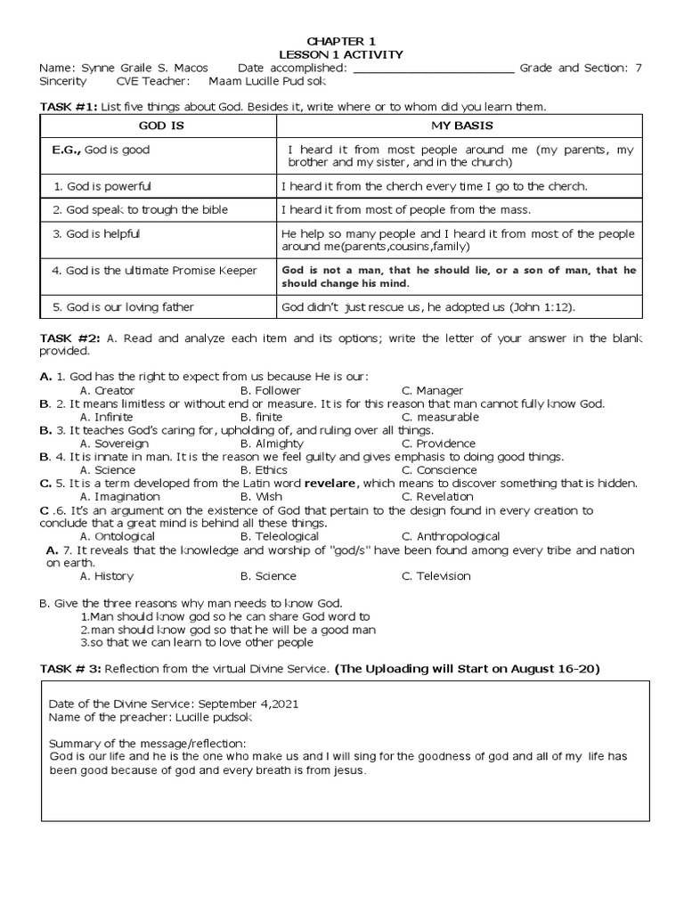 Grade 7 Religious Studies Activity | PDF | God | Science
