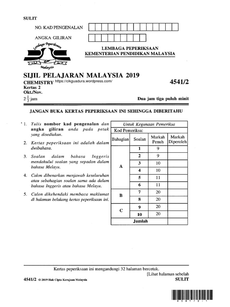 Kimia k2 SPM 2019 | PDF