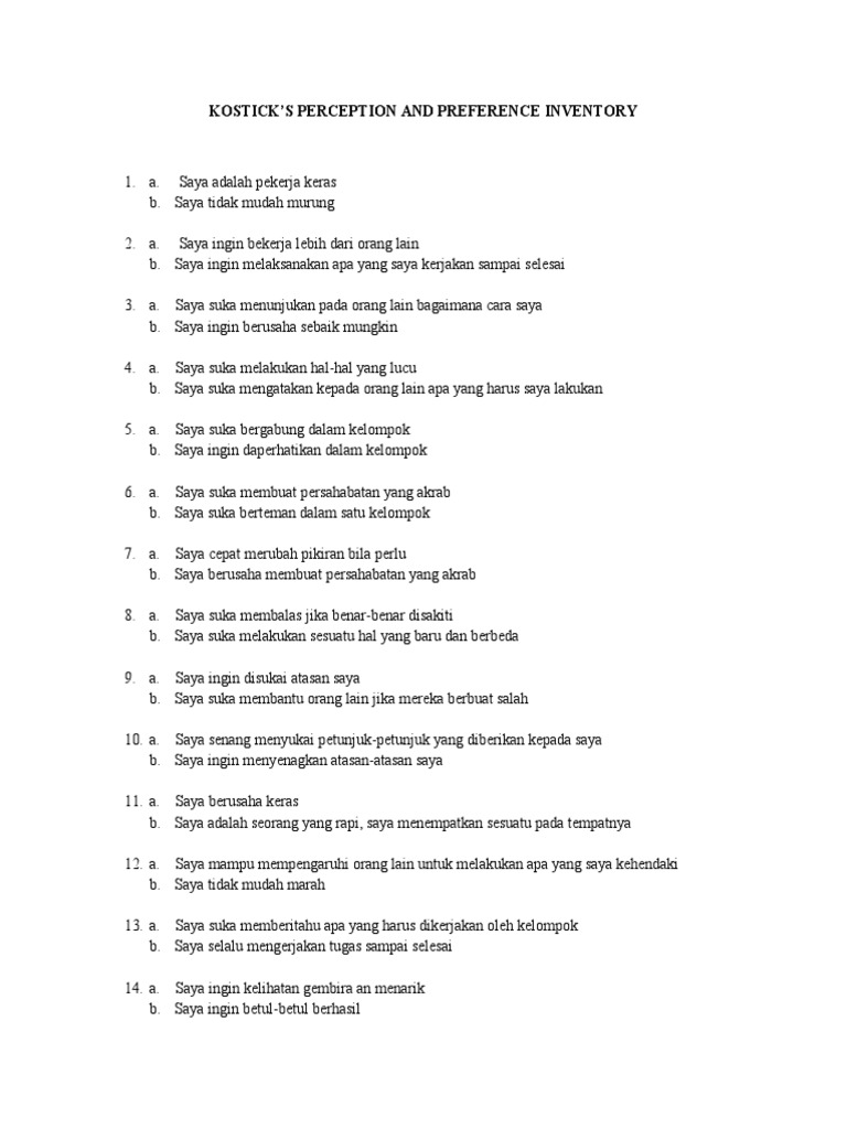 Soal Tes Kostick - S Perception and Preference Inventory | PDF
