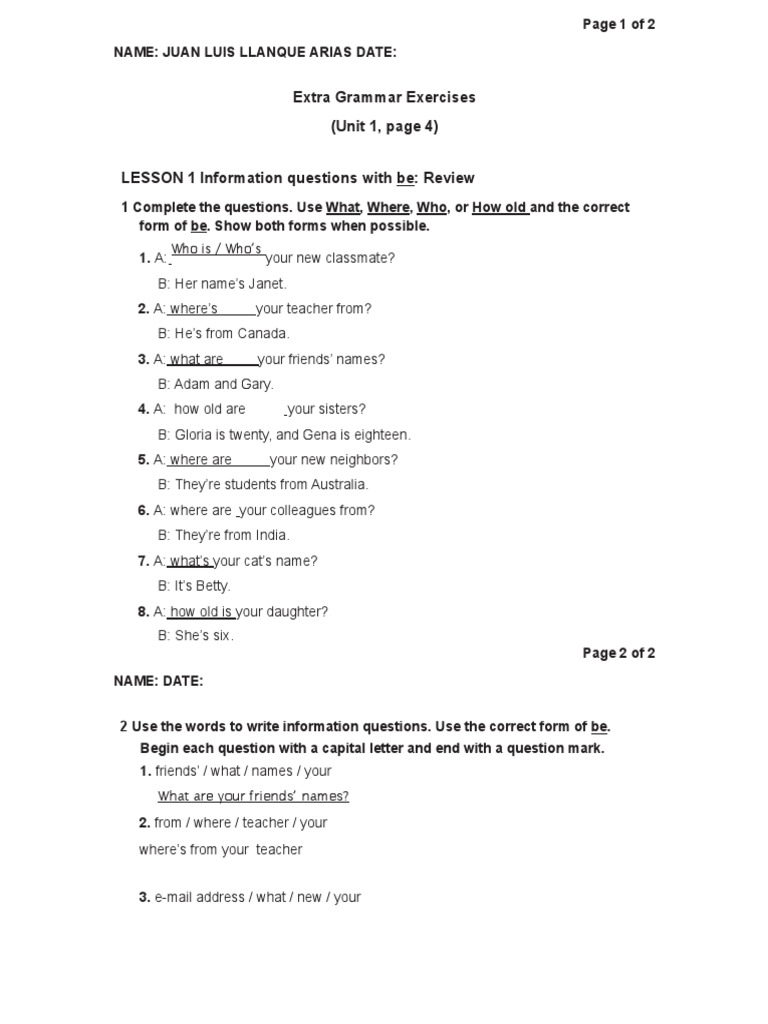 Unit-01 Grammar Information Question With Be | PDF