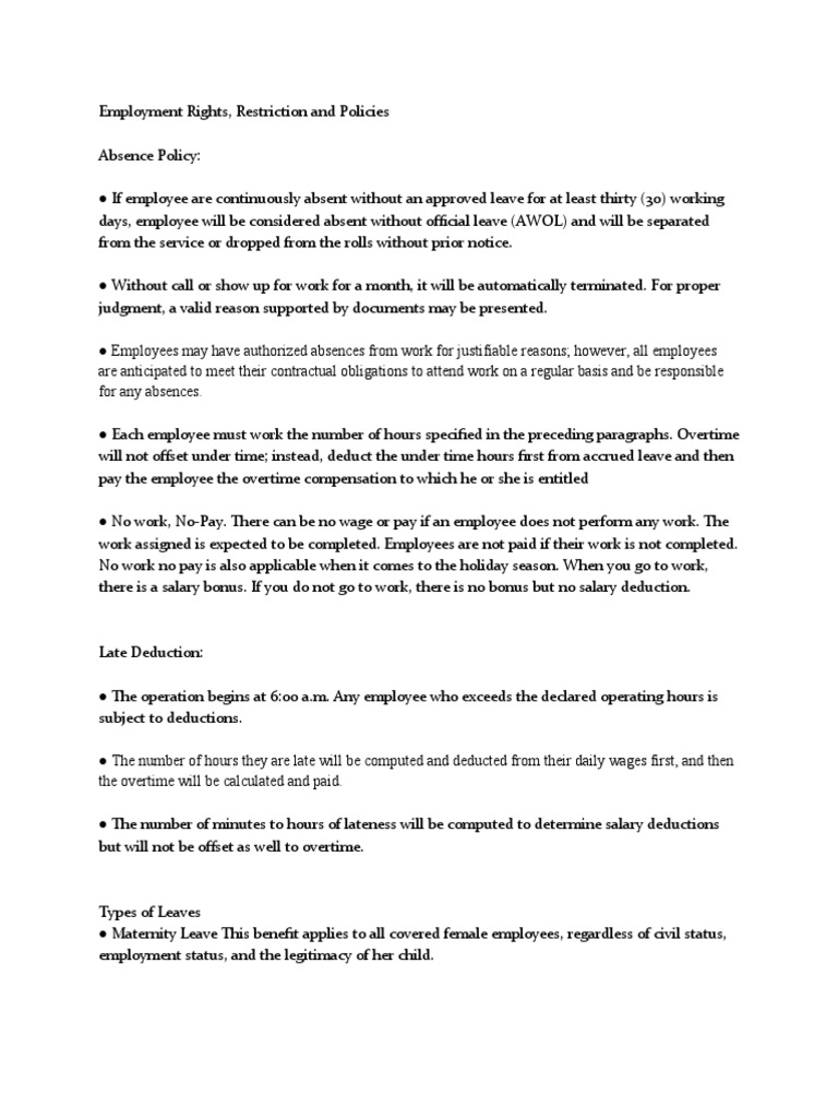 Employment Rights, Restriction and Policies | PDF | Overtime | Employment
