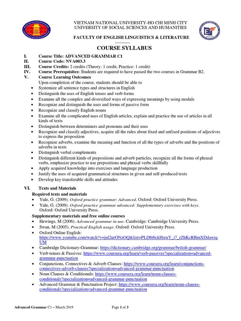Advanced Grammar C1 Course Syllabus | PDF | English Language | Adverb