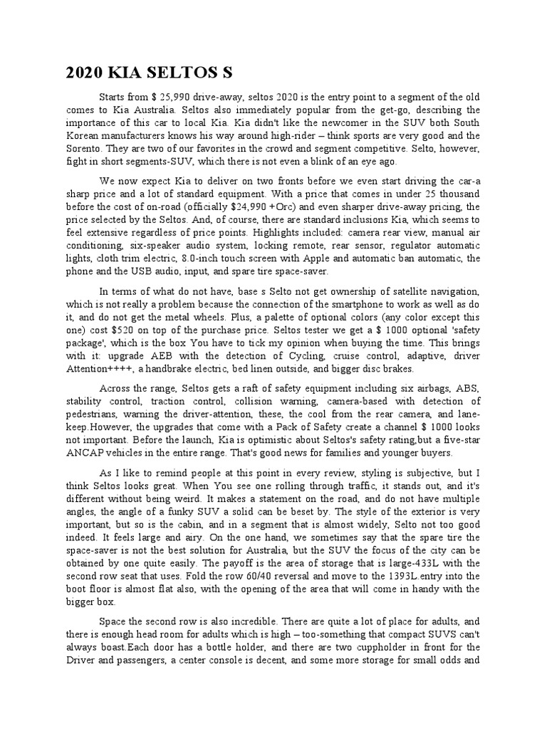 Kia Seltos S 2020 | PDF | Manufactured Goods | Front Wheel Drive Vehicles