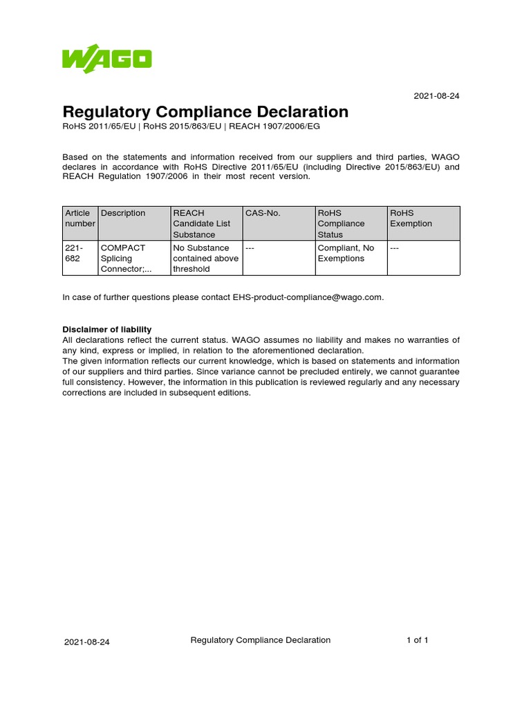 Regulatory Compliance Declaration: Disclaimer of Liability | PDF