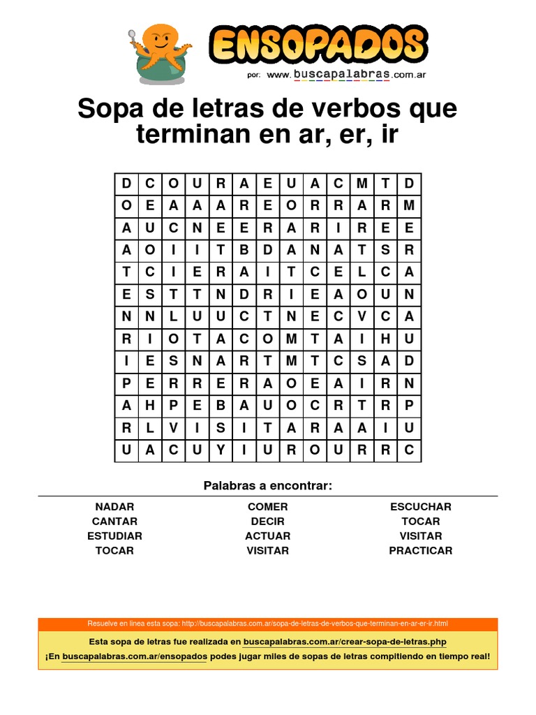Sopa de Letras: Verbos en AR, ER, IR | PDF | Artes del Lenguaje y ...