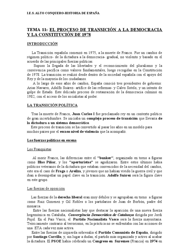 Tema11 La Transición Española Pdf España Franquista España