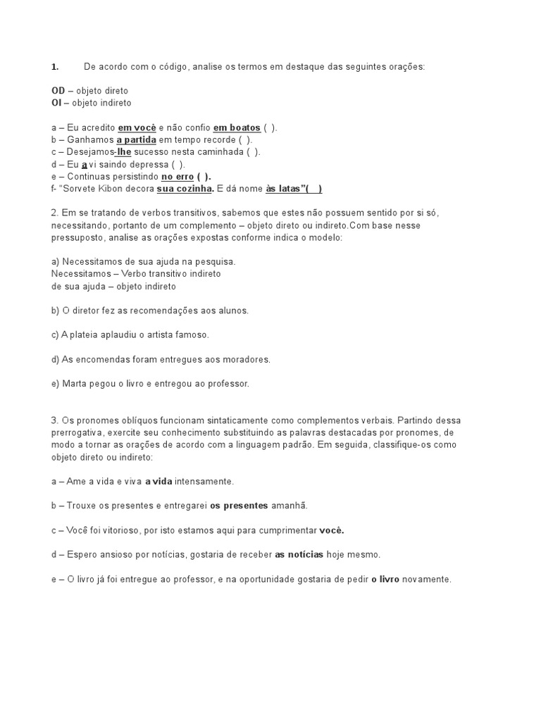 Exercícios de Complementos Verbais | PDF